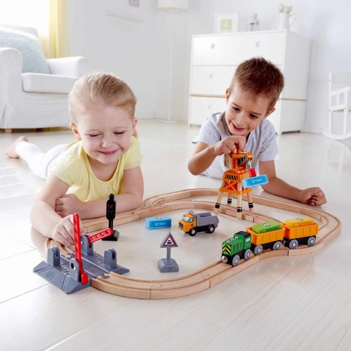 Crossing & Crane Set - 34 Piece Wooden Railway Playset