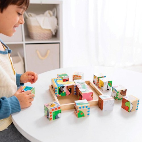 Wooden Farm Animals Cube Puzzle - 6 Puzzles in One, 16 pieces